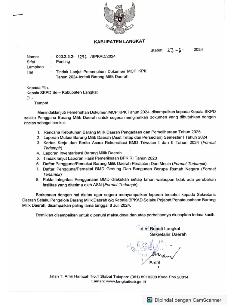 Pemenuhan Dokumen MCP KPK Terkait BMD 2024 | PDF