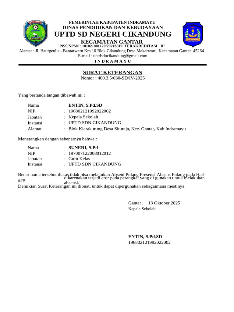 Surat Keterangan Lupa Absen Guru Indramayu | PDF