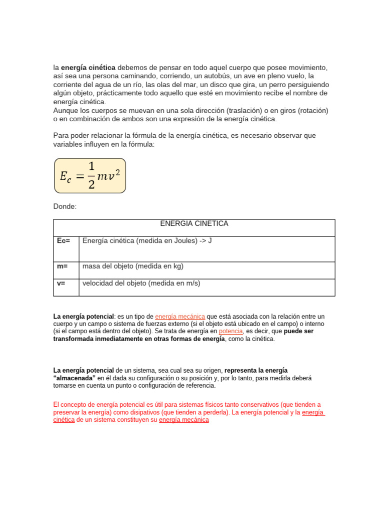 Energía Cinética y Potencial Explicada | PDF | Energía potencial ...