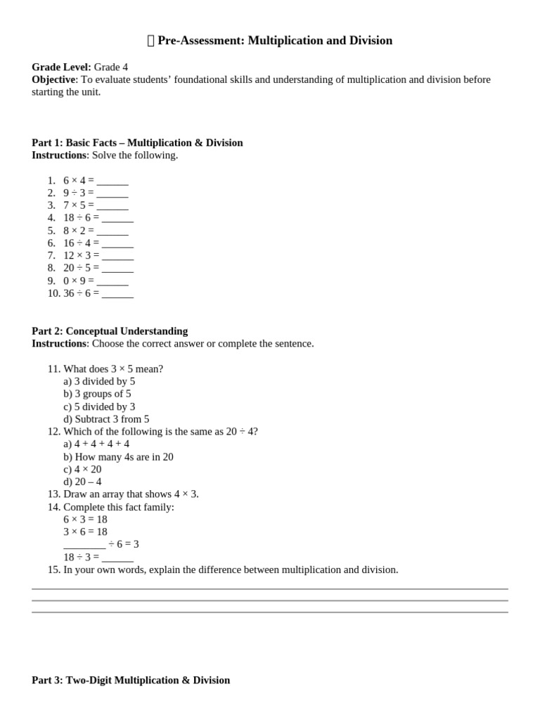 Grade 4 Multiplication & Division Pre-Assessment | PDF | Multiplication ...