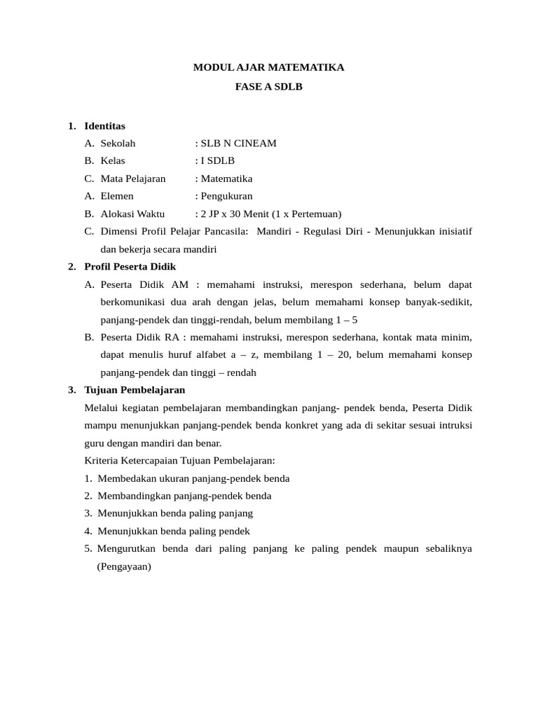 Modul Ajar Matematika SDLB: Pengukuran Panjang | PDF