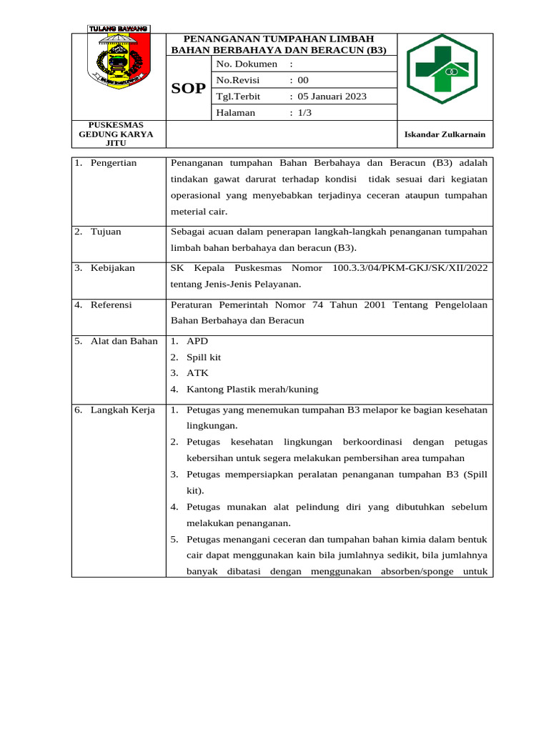 Penanganan Tumpahan Limbah B3 SOP | PDF