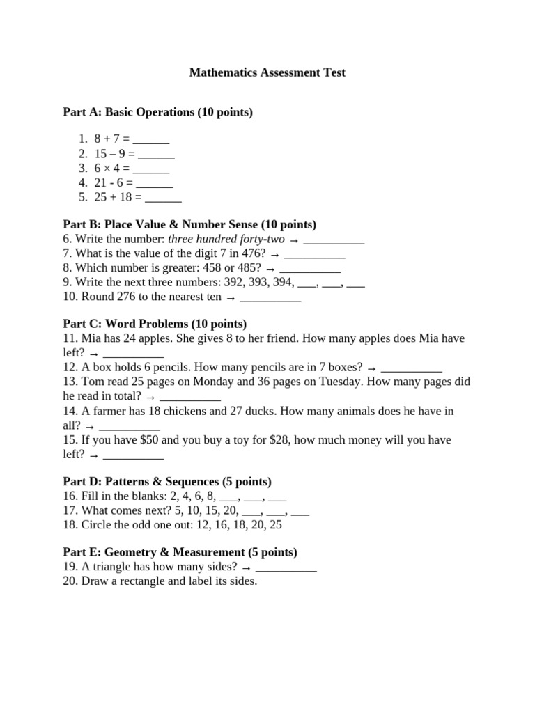 Mathematics Assessment Test Overview | PDF