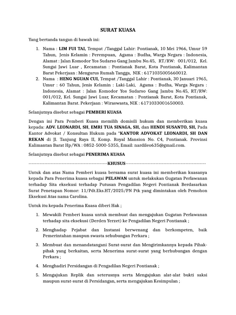 Surat Kuasa Gugatan Perlawanan Pontianak | PDF