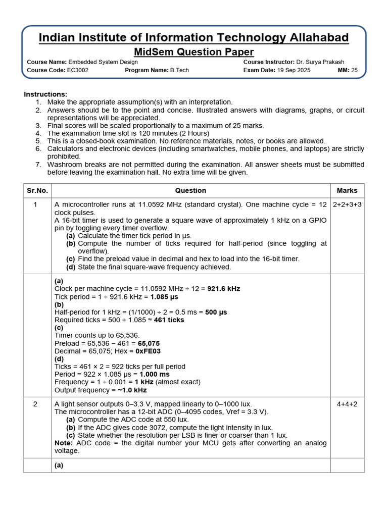 Embedded System Design MidSem Exam 2025 | PDF | Analog To Digital ...