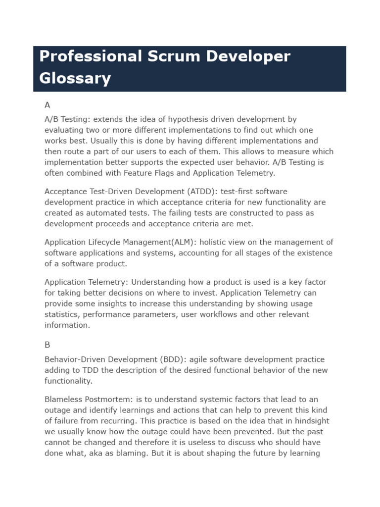 Professional Scrum Developer Glossary | PDF | Scrum (Software ...