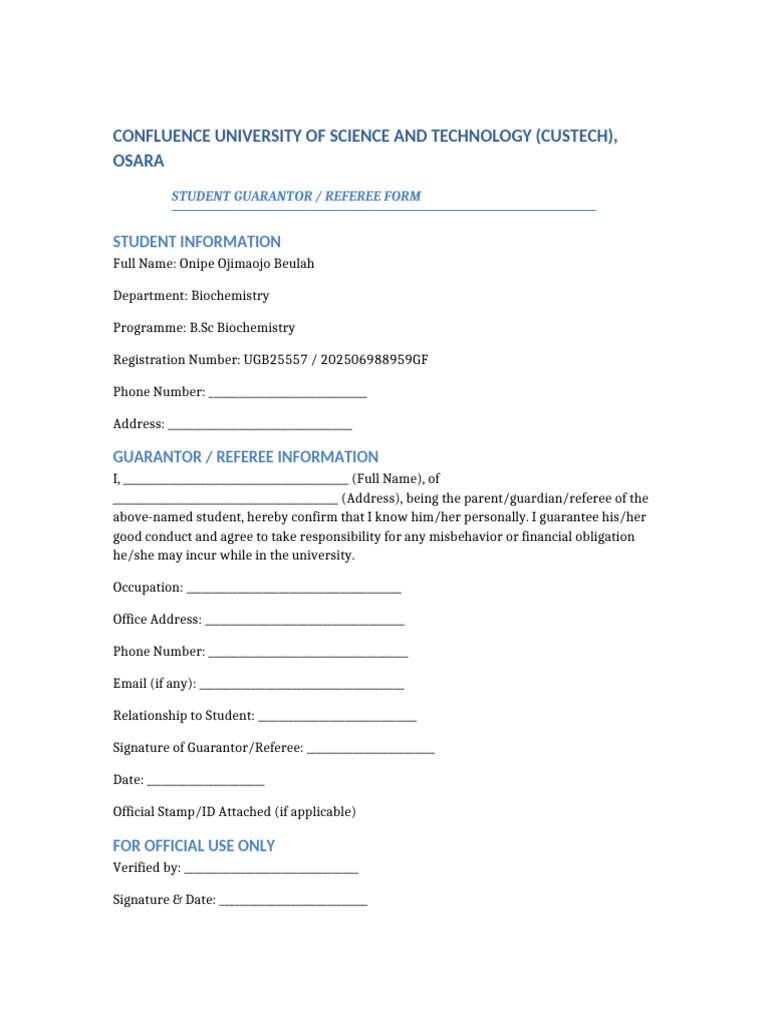 CUSTECH Guarantor Referee Form Onipe Ojimaojo Beulah | PDF
