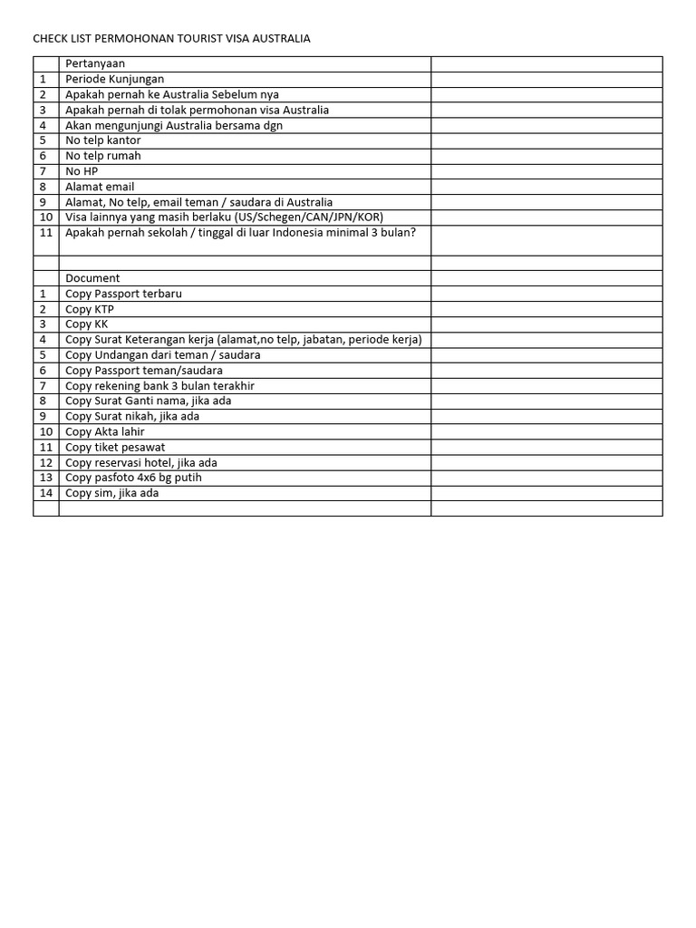 Checklist Visa Turis Australia | PDF