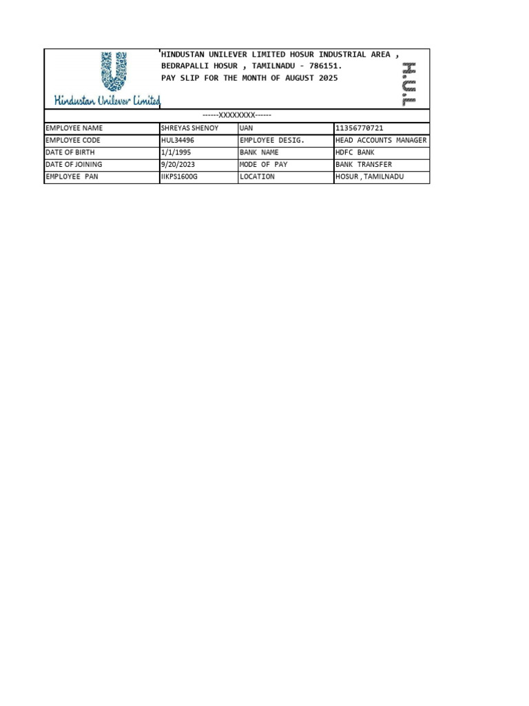 Hindustan Unilever Salary Slip - Aug 2025 | PDF