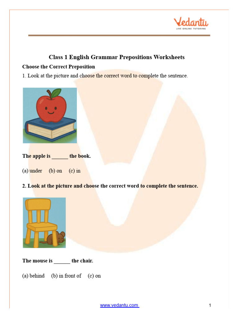 Grade 1 Prepositions Worksheet | PDF