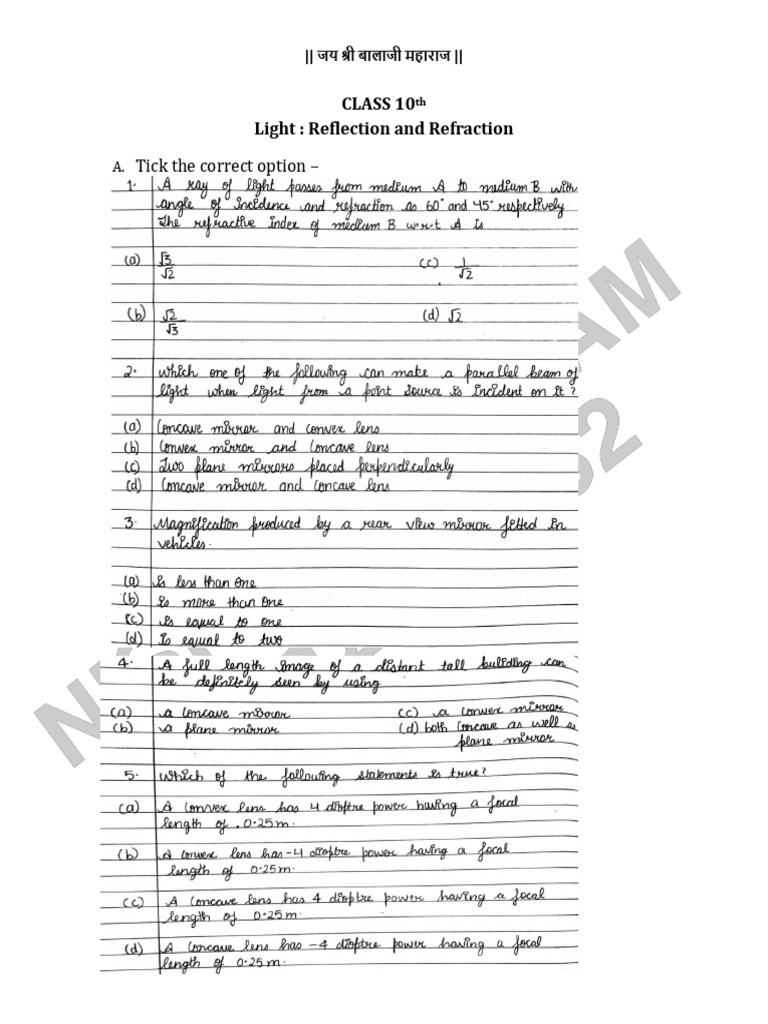 CLASS 10th Light Worksheet | PDF