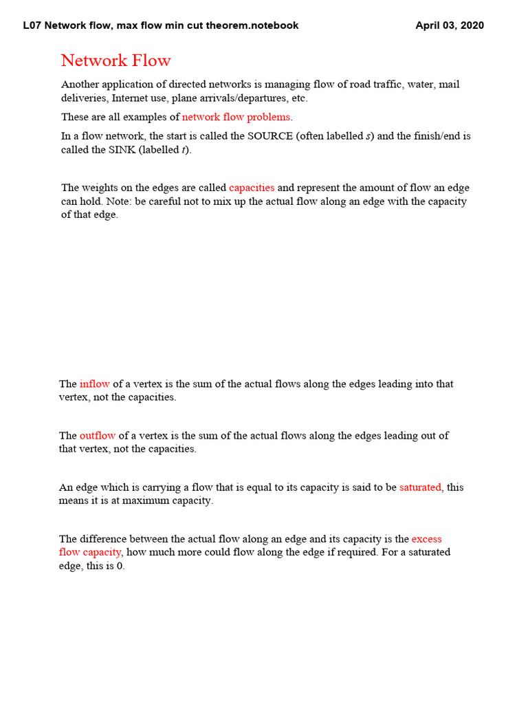 L07 Network Flow, Max Flow Min Cut Theorem | PDF | Discrete Mathematics | Computational ...