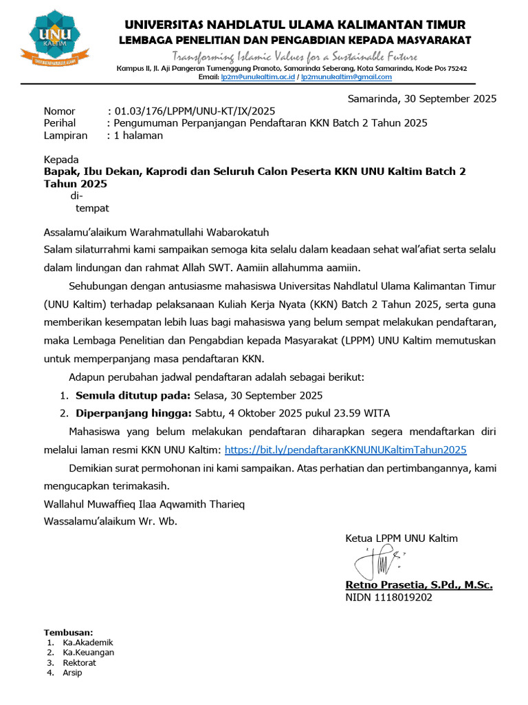 Pengumuman Perpanjangan Pendaftaran Batch 2 T KKN 2025 | PDF