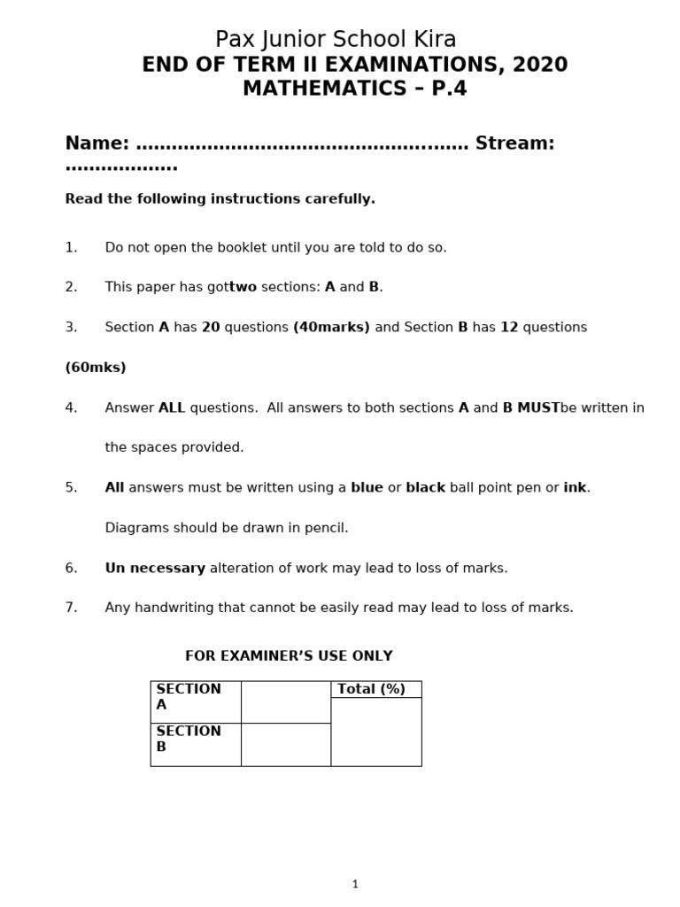 P.4 Mathematics End of Term 2 Covid Exams | PDF