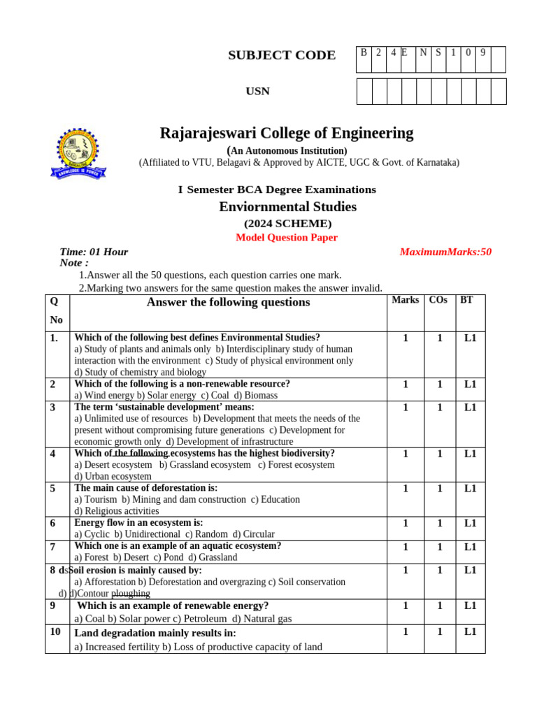 BCA Model Question Paper 1st Sem Enviornmental Science Printout | PDF ...