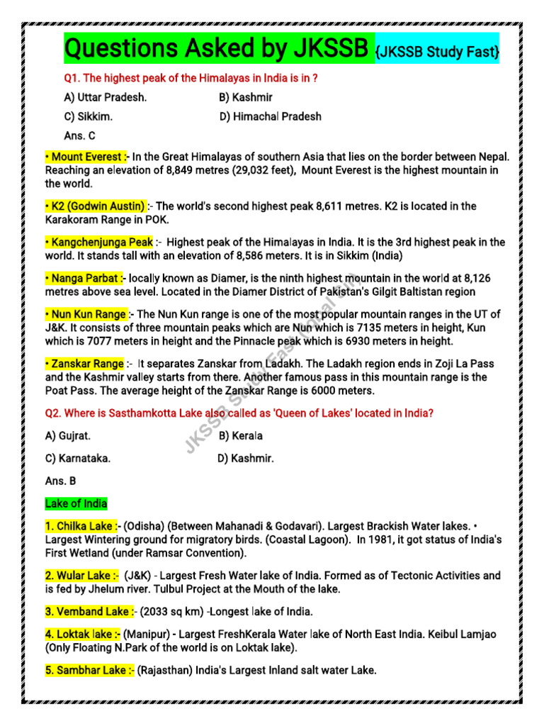 Questions Asked by JKSSB: JKSSB Study Fast (Iqbal Sir) | PDF