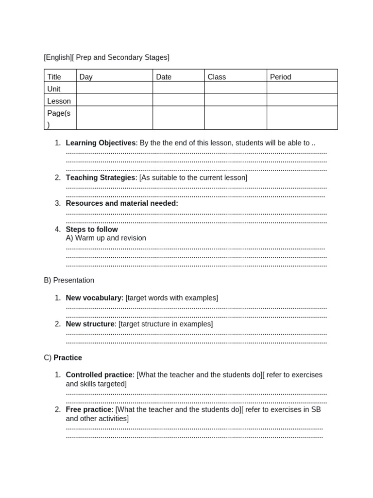 Lesson Plan for English Prep Class | PDF | Lesson Plan | Teachers