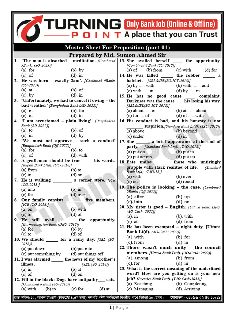 Preposition Part-01 (Student Copy) - 05 | PDF