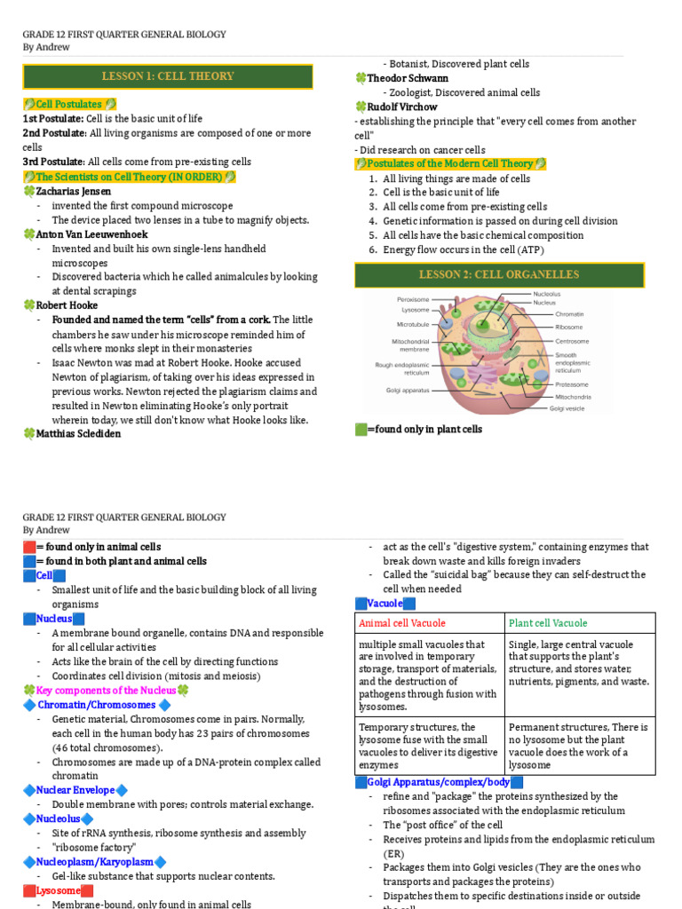Grade 12 Biology: Cell Theory & Organelles | PDF | Cell (Biology ...