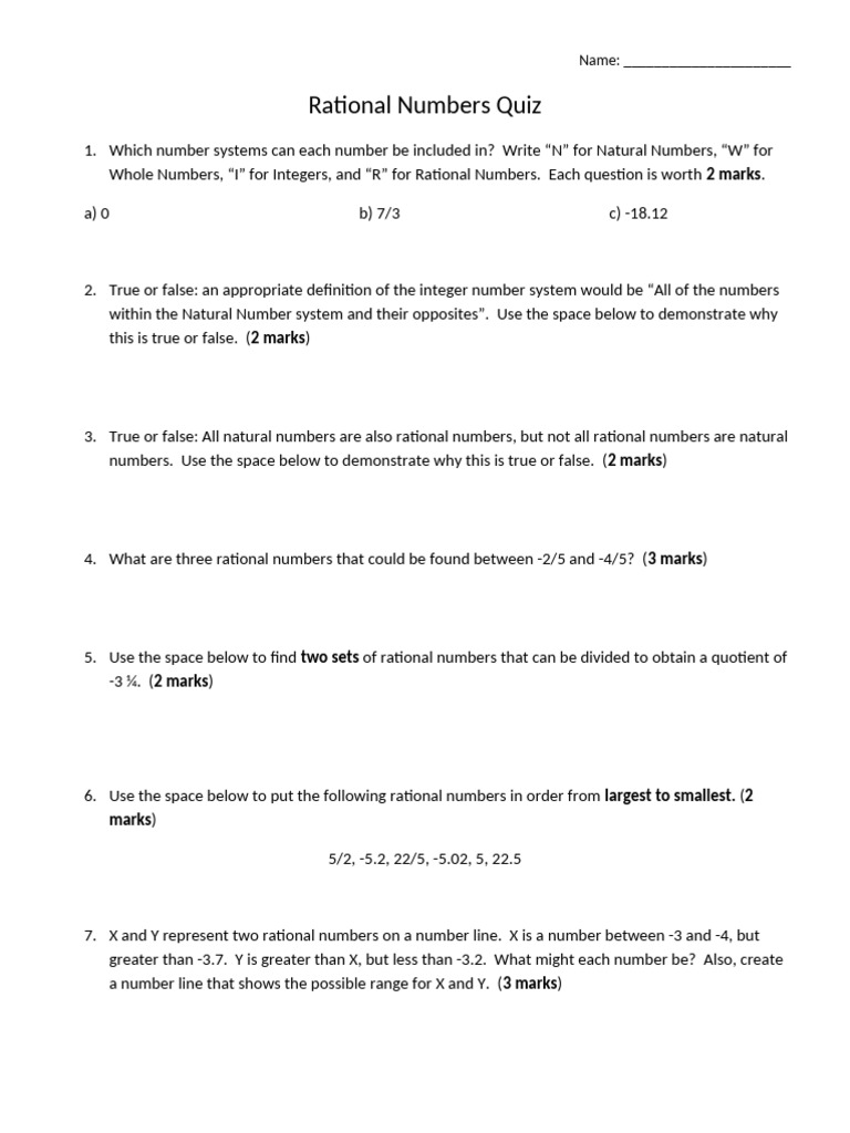 2012-13 Rational Numbers Quiz | PDF