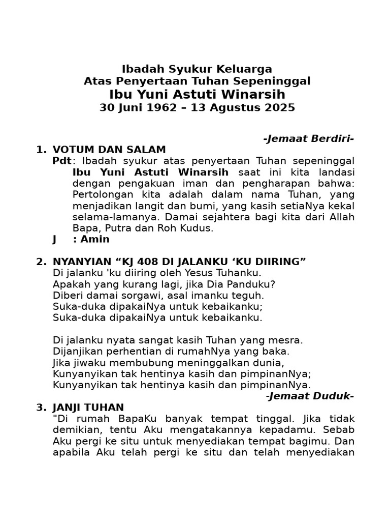 Tata Ibadah Syukur Keluarga Ibu Yuni | PDF
