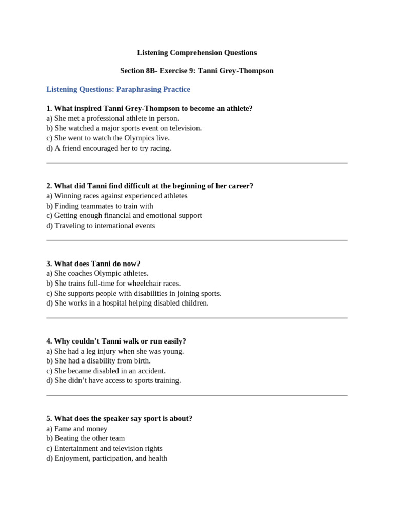 Tanni Grey-Thompson Listening Questions | PDF