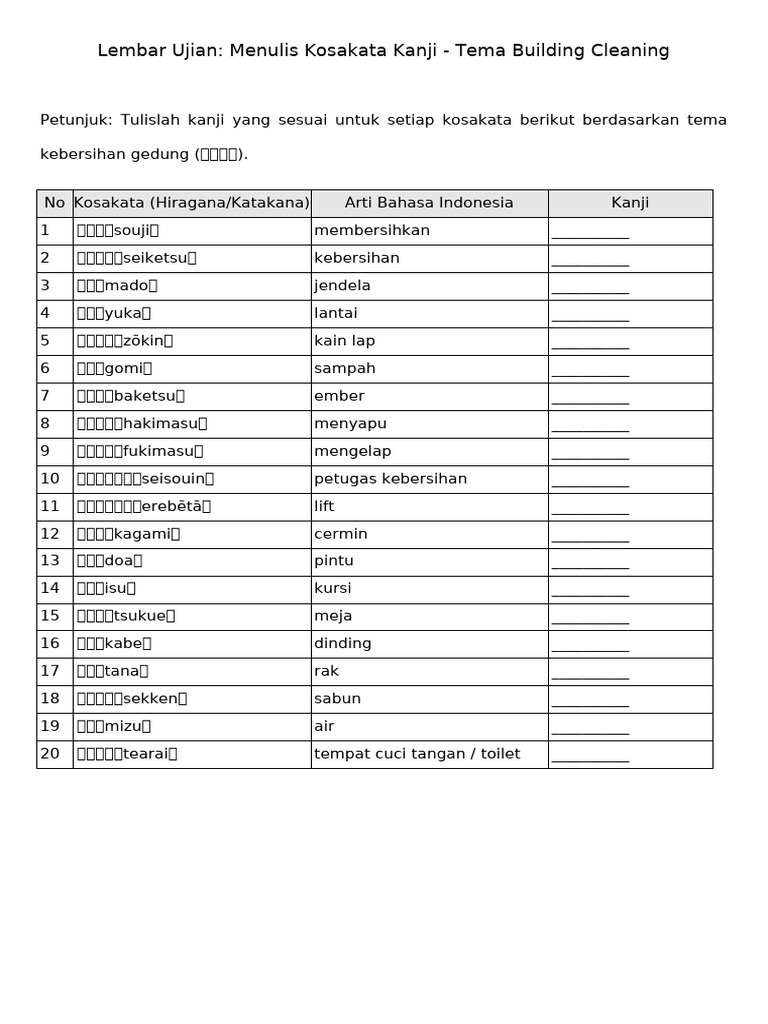 Lembar Ujian Menulis Kanji Building Cleaning | PDF