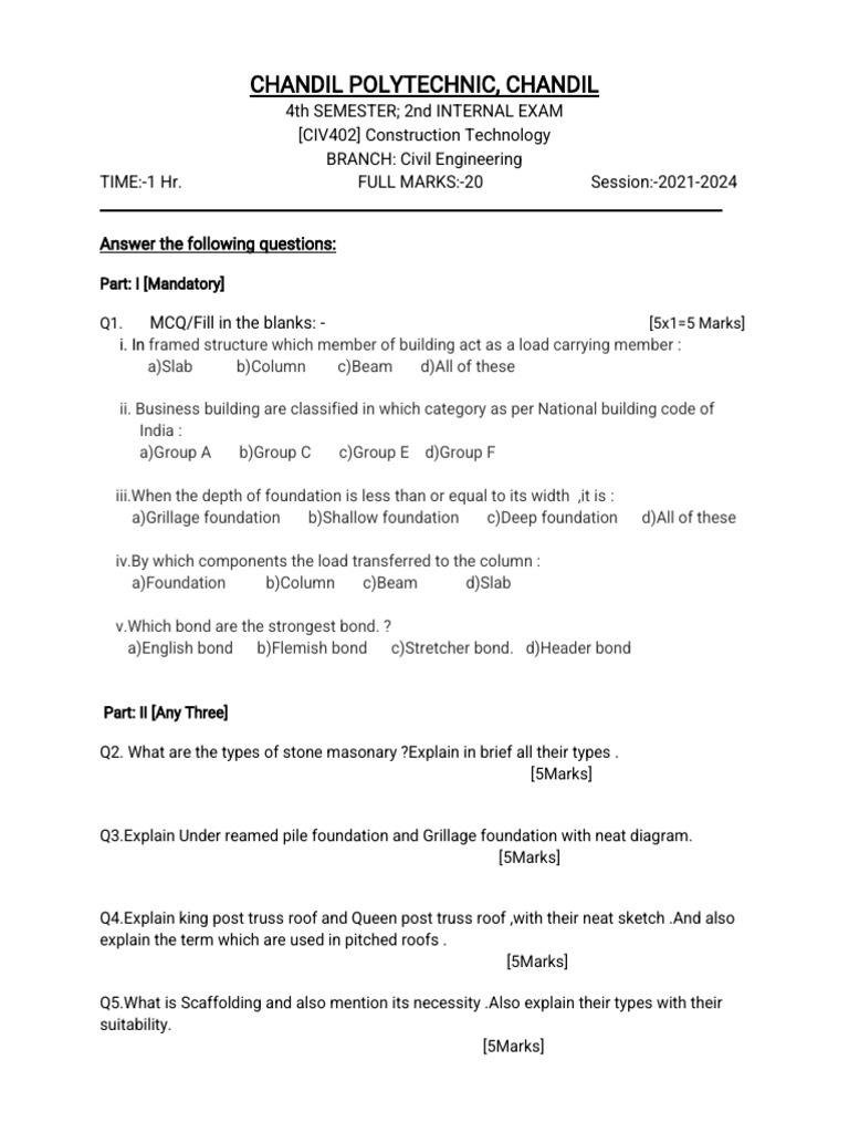 Civil Engineering 4th Sem Exam: Construction Tech | PDF