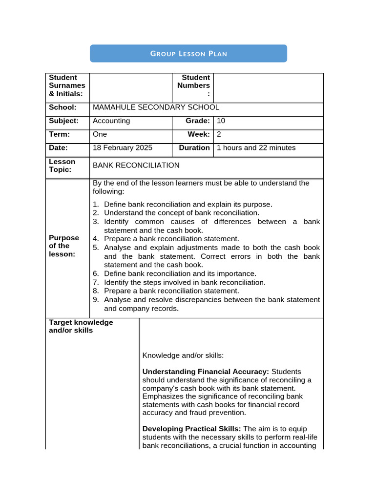 Grade 10 Bank Reconciliation Lesson Plan | PDF | Learning | Audit