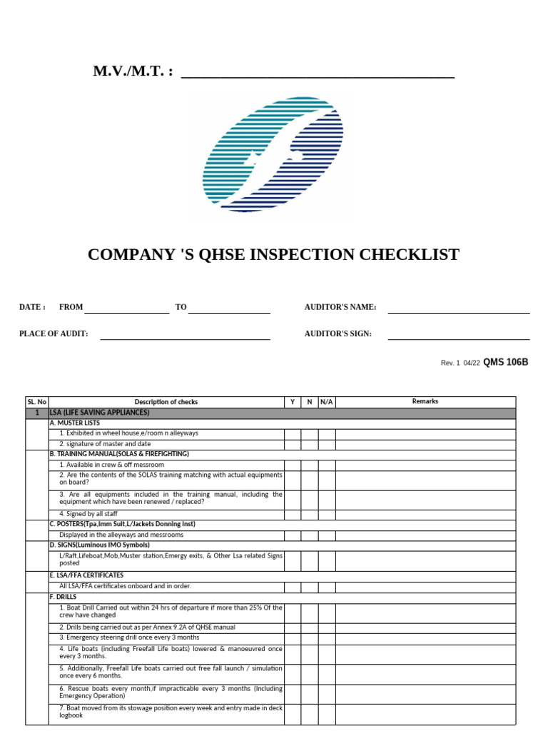 QHSE Inspection Checklist QMS106B | PDF | Pump