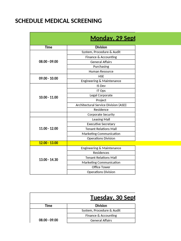 Medical Screening Schedule 2025 | PDF | Business | Business Economics