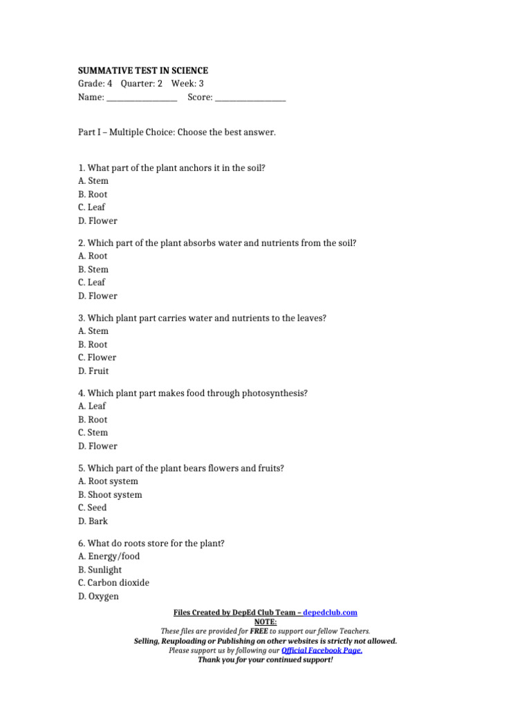Summative Test Science 4 Q2 W3 | PDF | Plants | Root