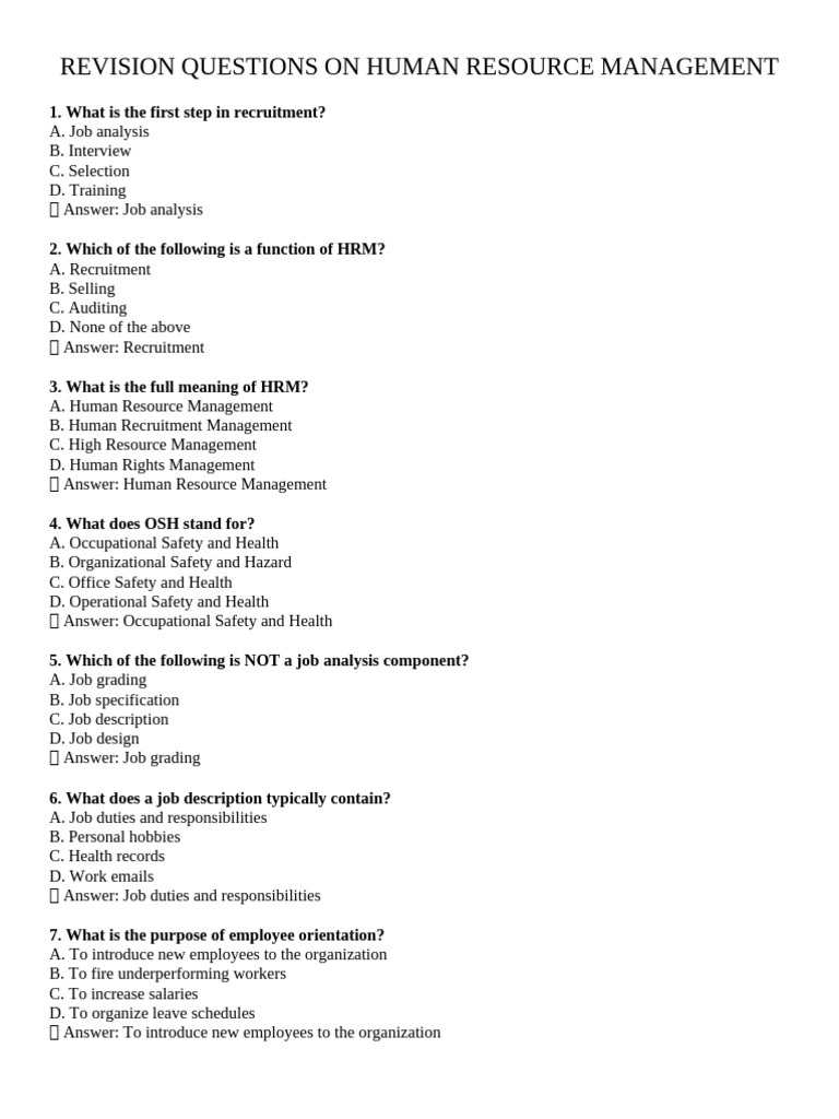 20 Revision Questions On Human Resource Management | PDF | Human ...