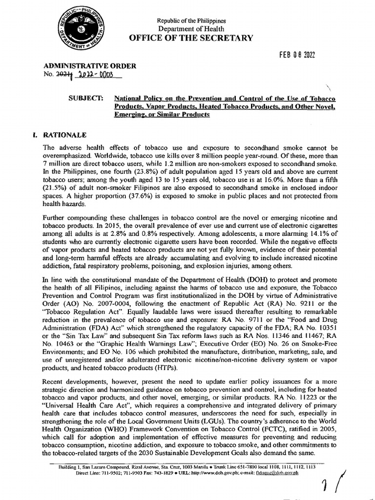 DOH AO No. 2022-0003 - National Tobacco Prevention and Control Strategy ...