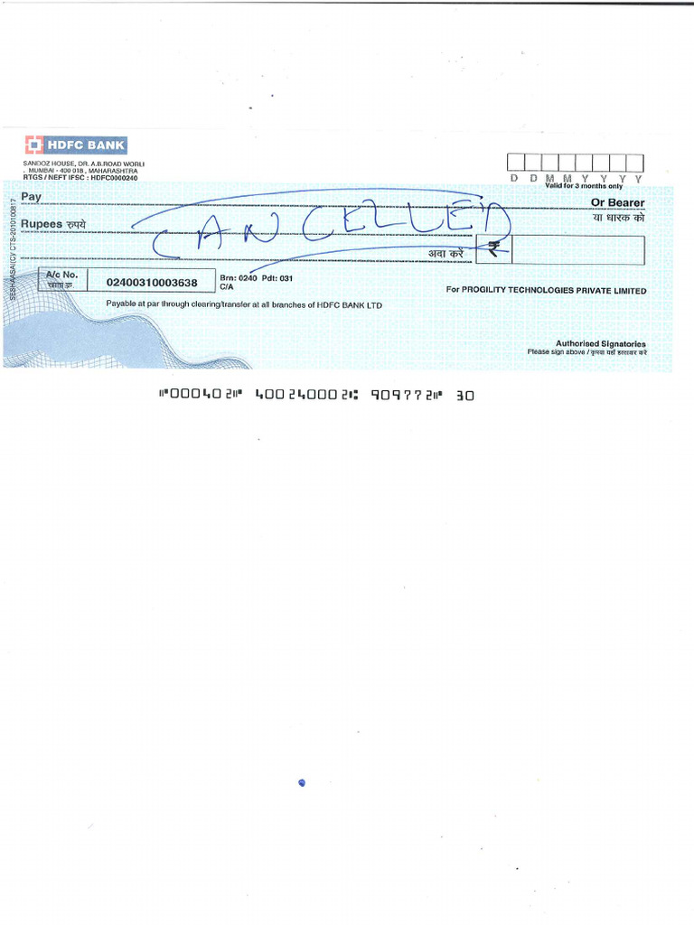 Bank HDFC - Cancelled Cheque | PDF