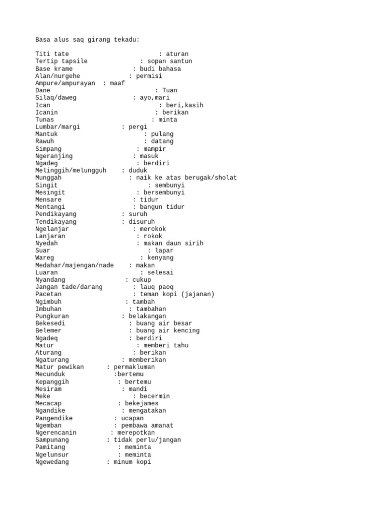 Kosa Kata Alus Sasak | PDF