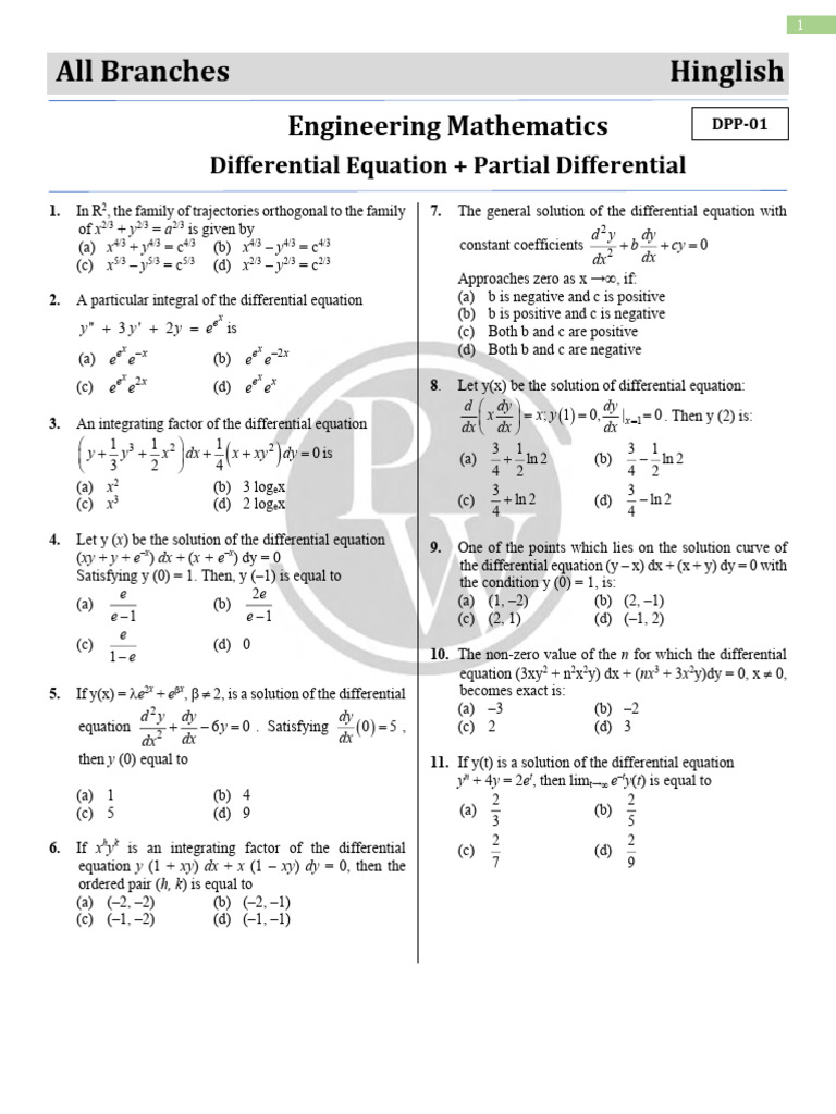 Differential Equation + Partial Differential _ DPP 01 (by Rahul Joshi ...