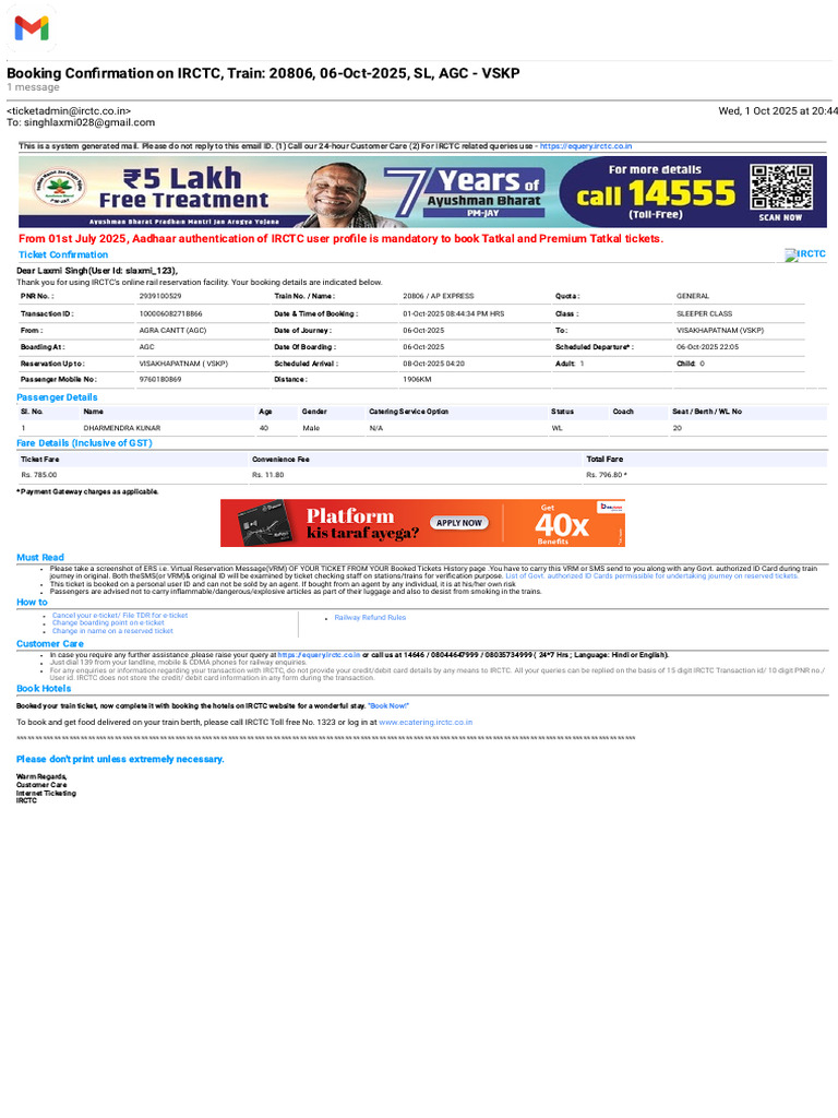 Gmail - Booking Confirmation On IRCTC, Train - 20806, 06-Oct-2025, SL ...