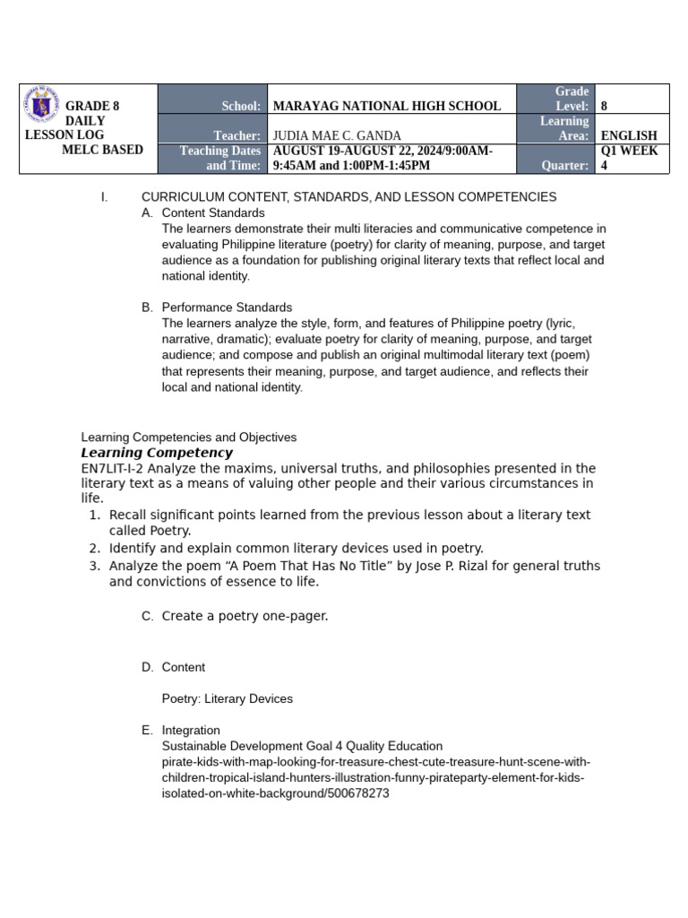 Grade 8 English Poetry Lesson Plan | PDF | Poetry | Mind