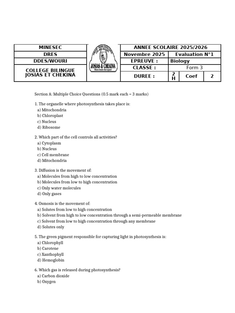 Form3 Biology First Sequence Evaluation | PDF