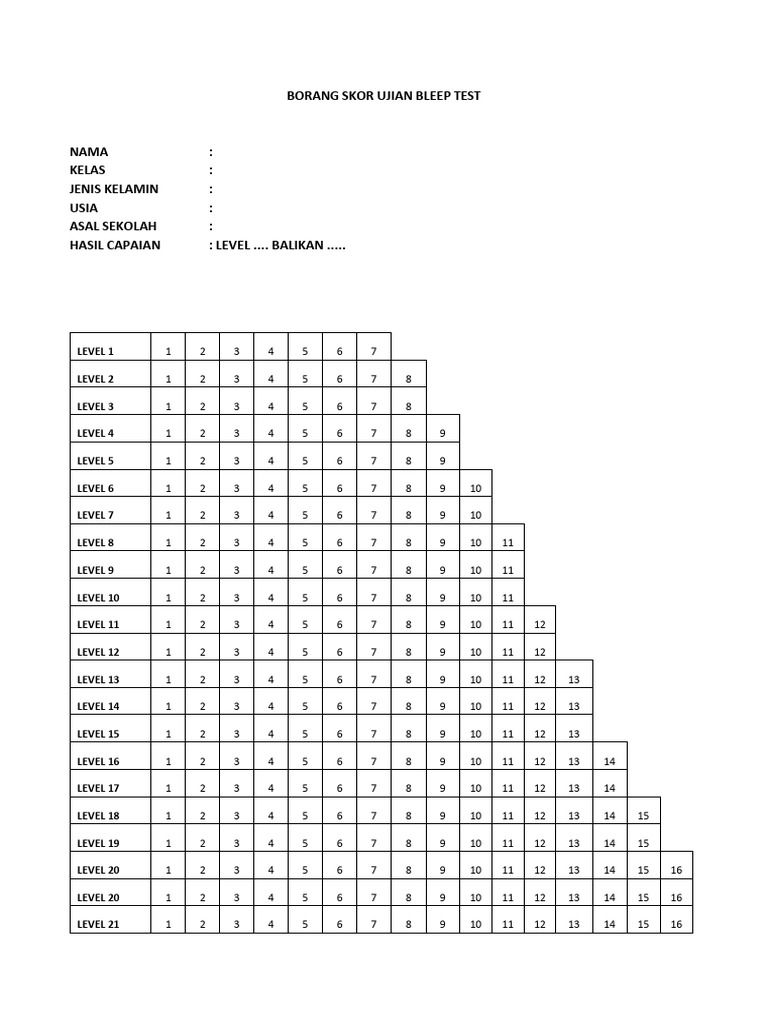 Bleep Test Score Form | PDF
