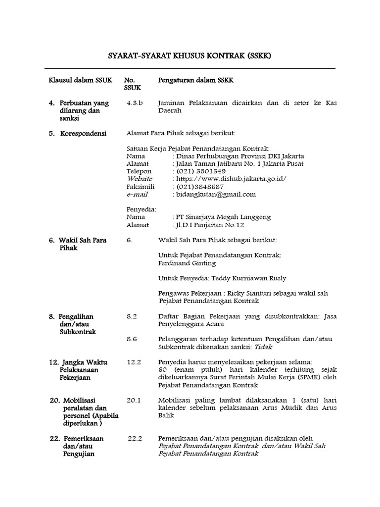 Syarat Khusus Kontrak Dinas Perhubungan DKI | PDF