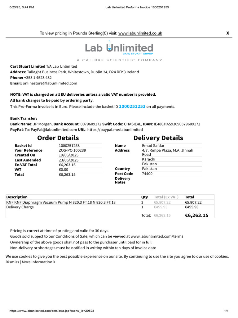 Lab Unlimited Proforma Invoice 1000251253 | PDF | Invoice | Payments