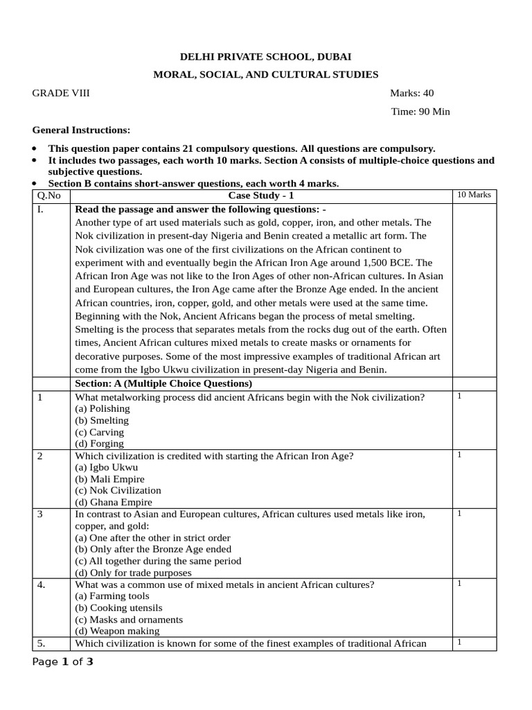 Grade 8 SA 1 MSCS Sample Paper 2025-26 | PDF | Iron Age | Igbo People
