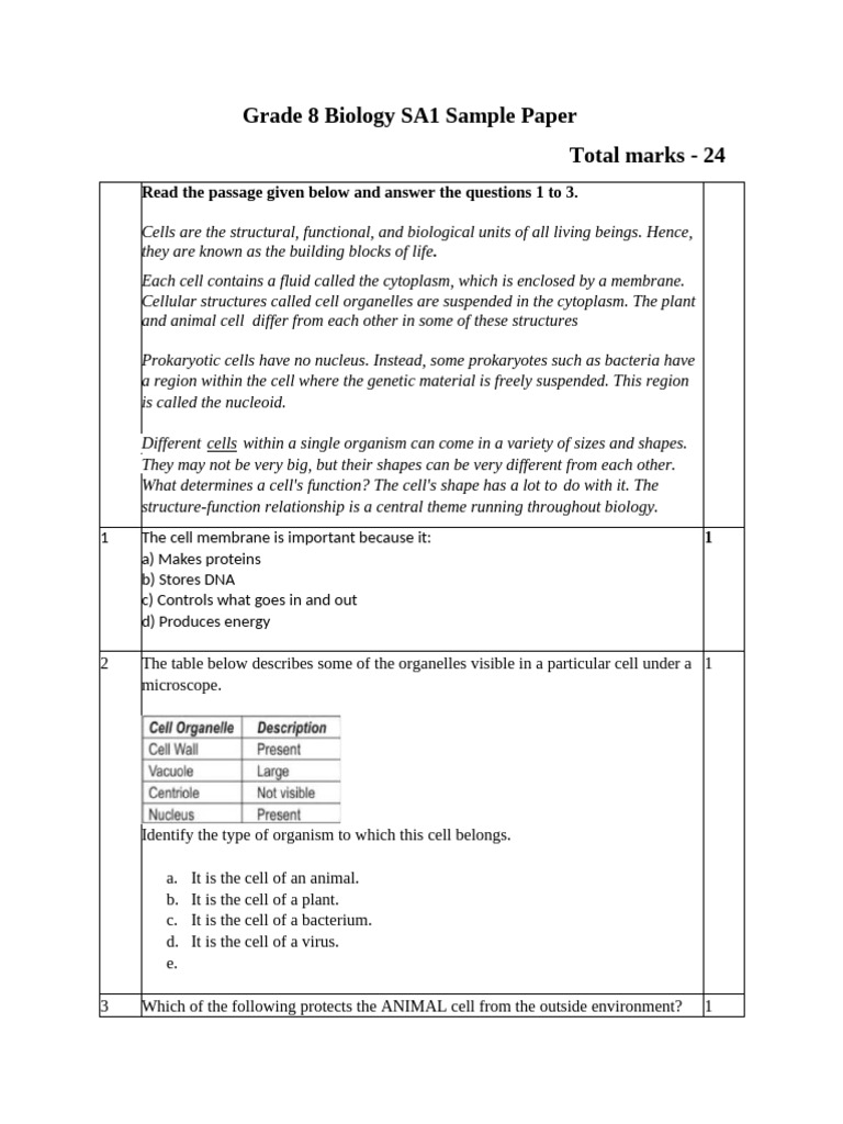 8th Grade Biology SA1 Sample Paper | PDF | Cell (Biology) | Biology