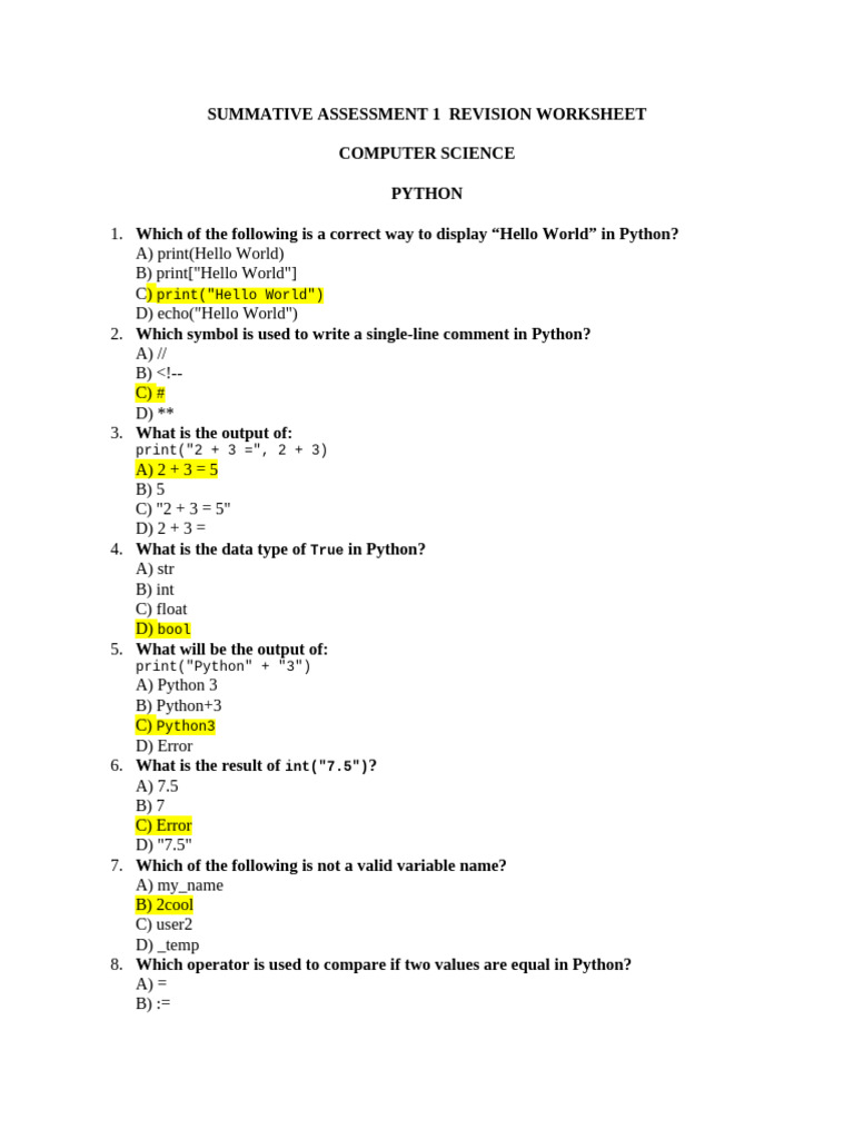 Grade 8 Computer Science SA1 Revision Worksheet | PDF | Computer Science | Computer Programming