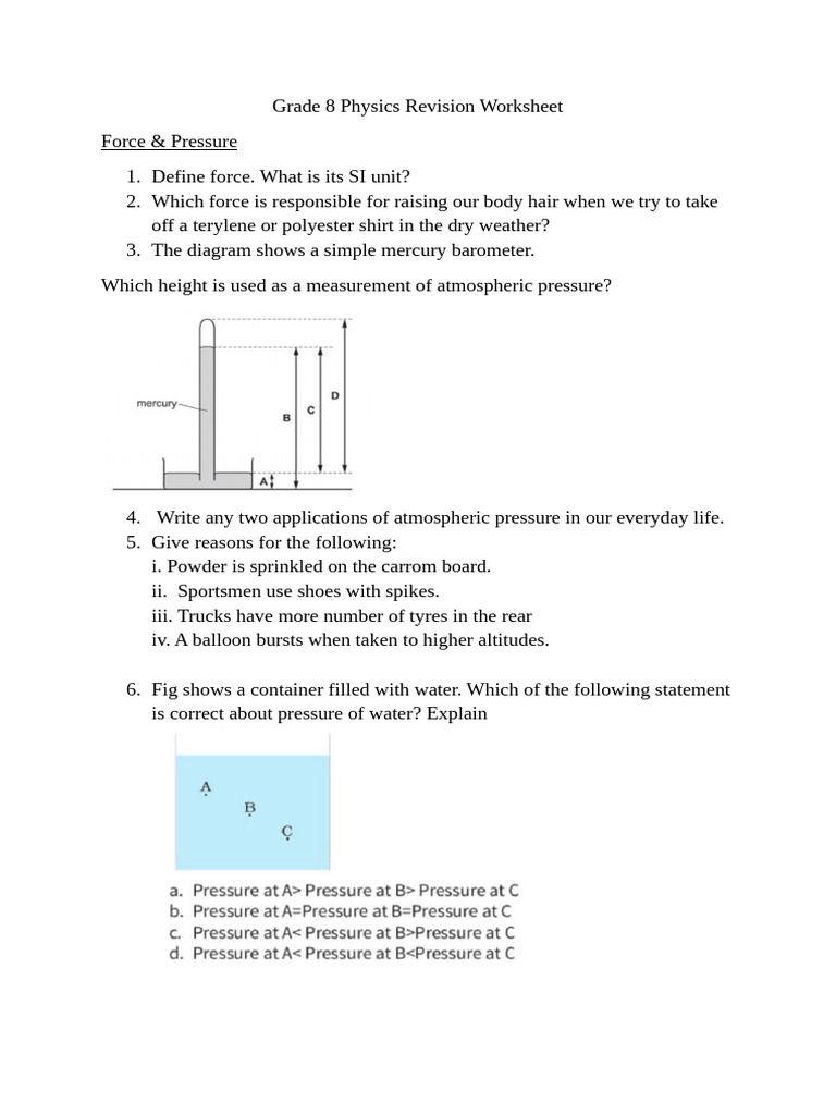 Grade 8 SA1 Physics Revision Worksheet | PDF | Friction | Pressure