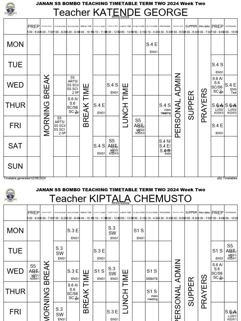 Janan SS Bombo Term 2 Timetable 2024 | PDF