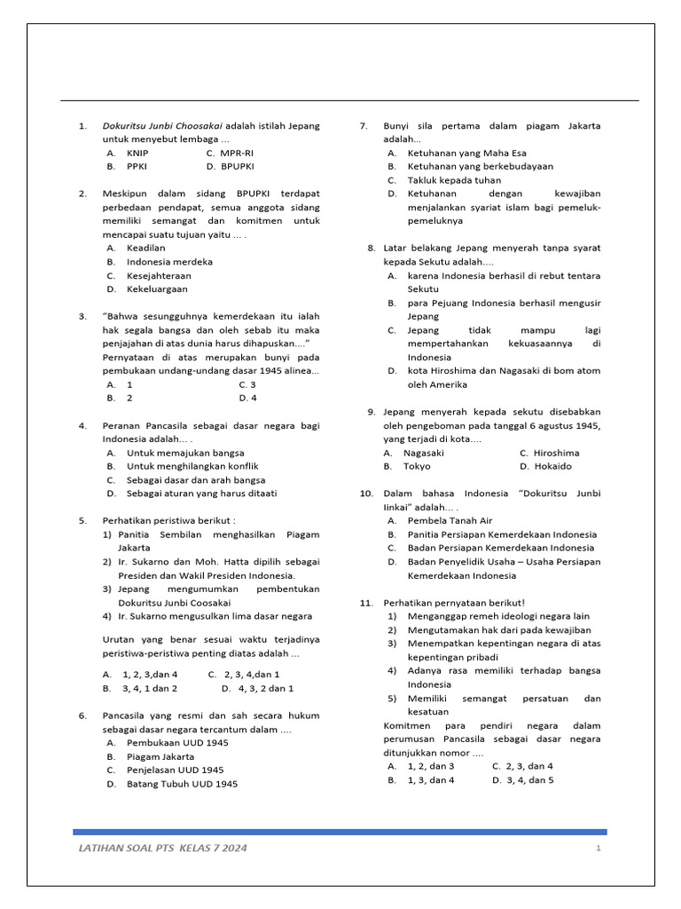 Latihan Soal PTS Kelas 7 PPKN 2024 | PDF