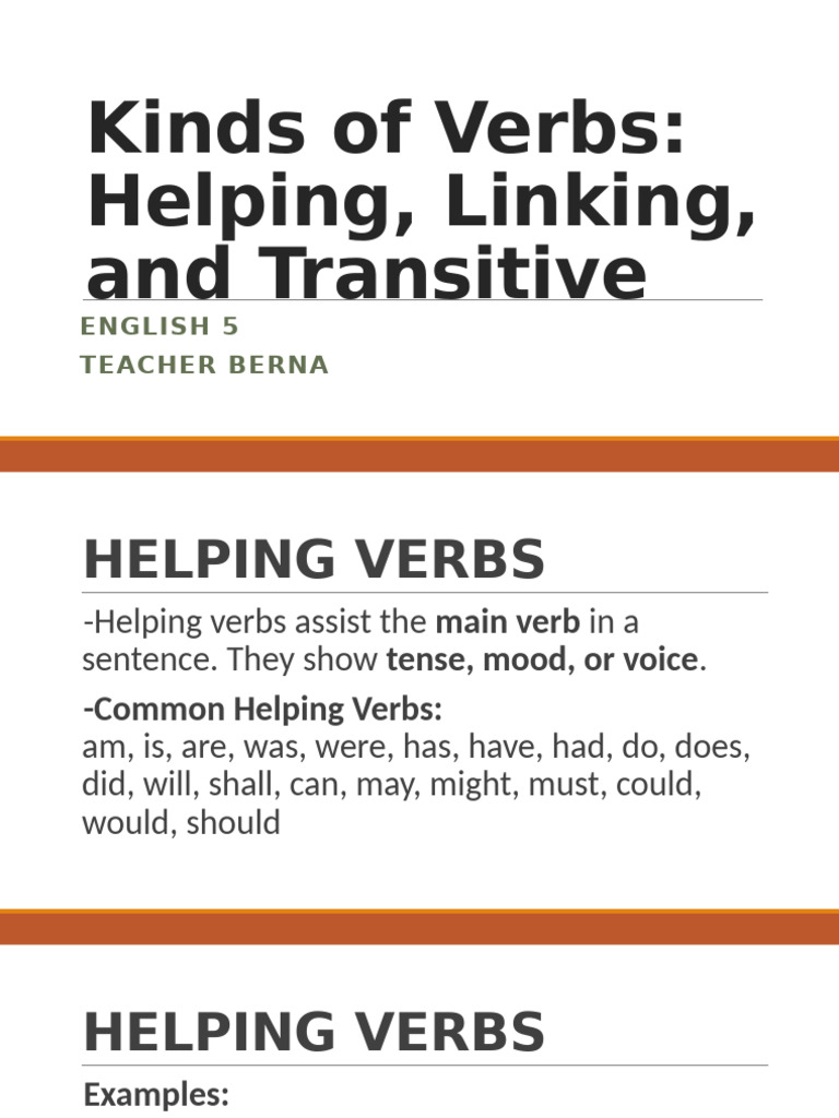 Types of Verbs: Helping, Linking, Transitive | PDF